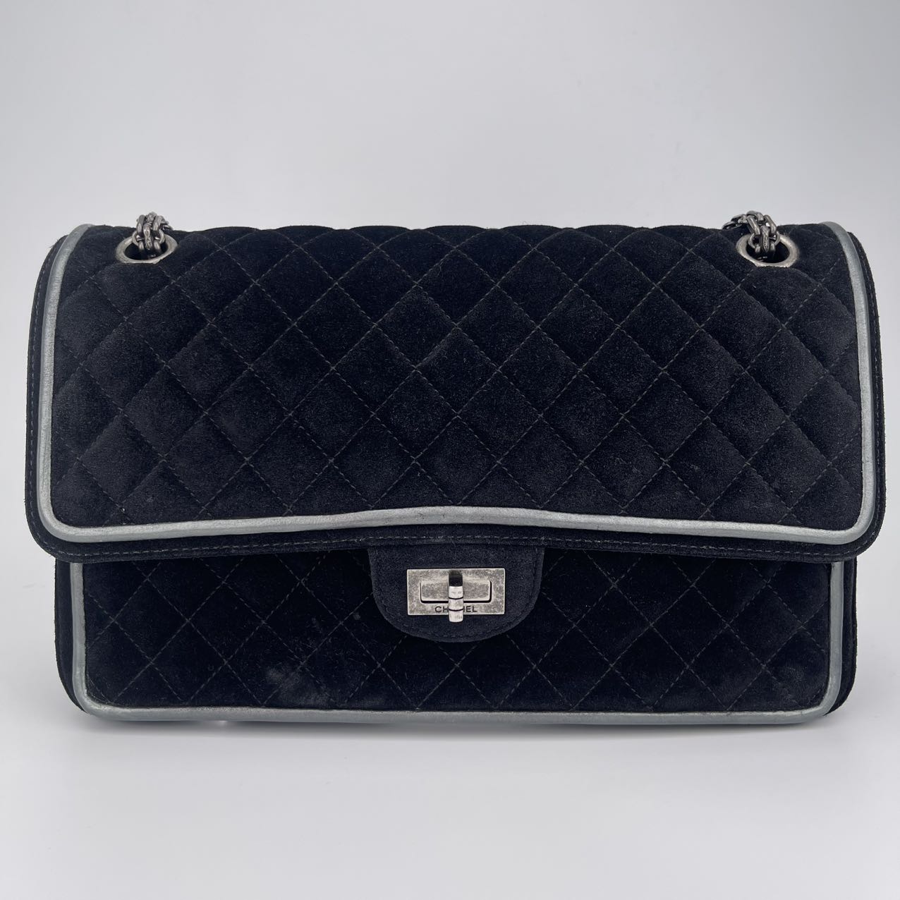 CHANEL 2.55 Classic Flap Bag Black Silver Suede Leather [Used ...
