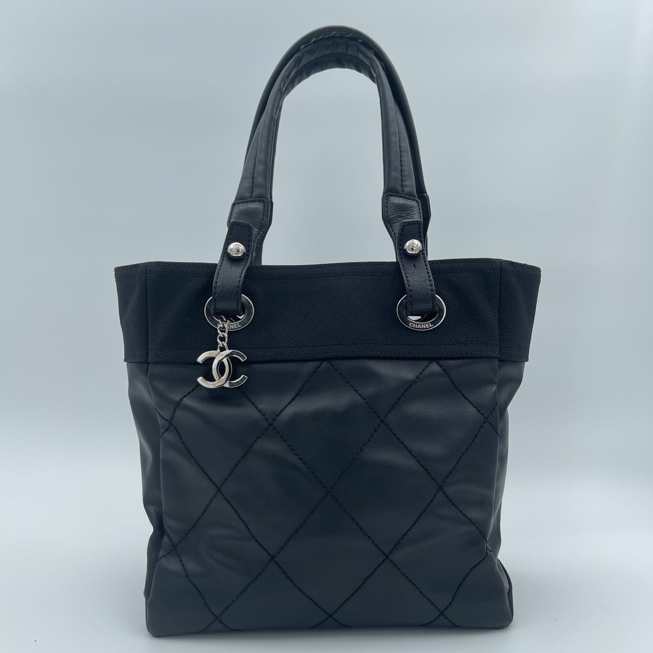 Chanel Black Canvas & Calfskin Small Tote Bag with Silver-Tone Double ...
