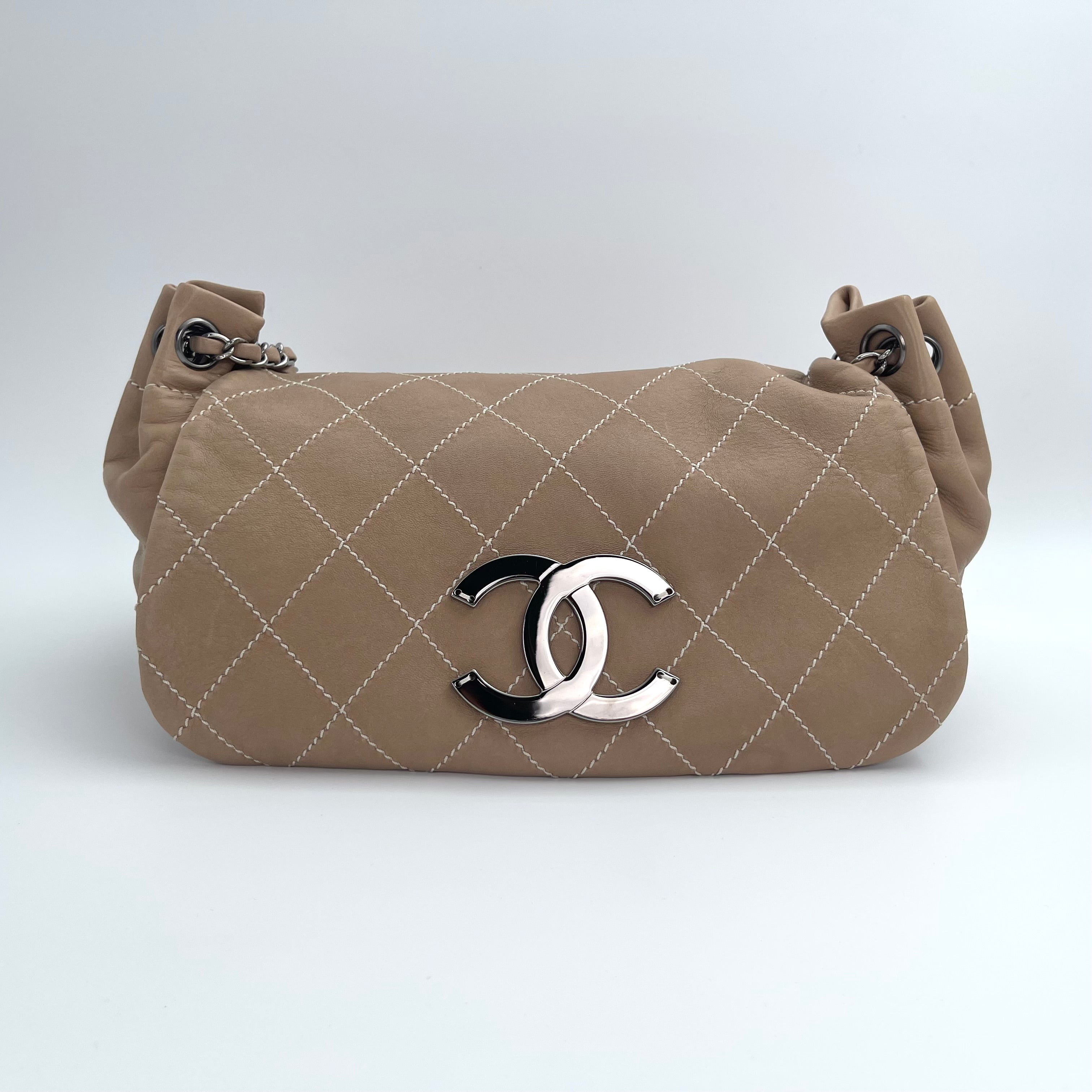 Chanel Beige Large Double C Silver Buckle Out-Seam Large Flap Shoulder ...